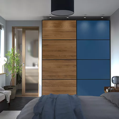 IKEA Mallorca - MEHAMN 4 panels for sliding door frame, walnut effect/blue